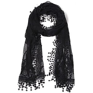 Women's lightweight Feminine lace teardrop fringe Lace Scarf Vintage Scarf Mesh Crochet Tassel Cotton Scarf for Women,One Size,Black