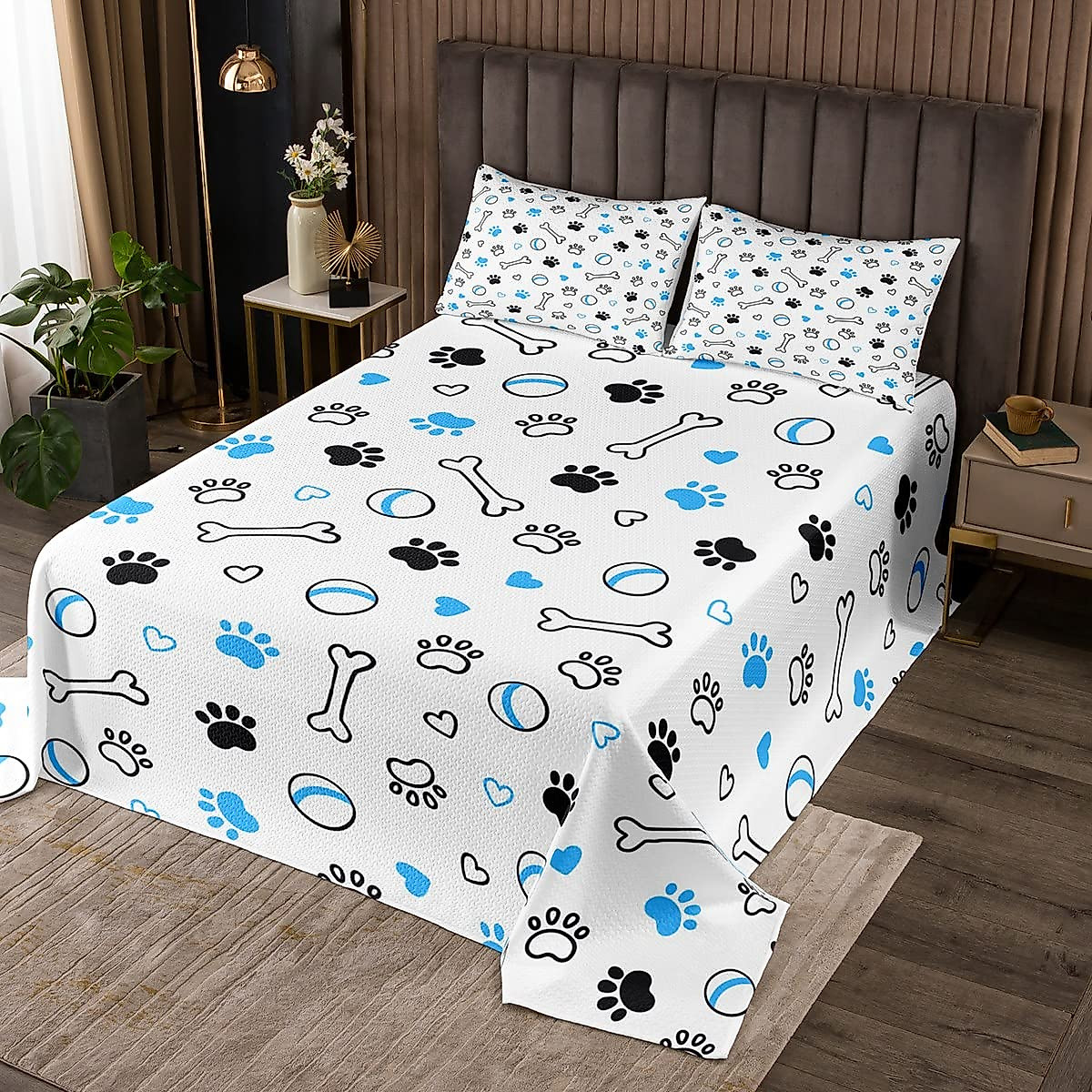 Homewish Cute Dog Pet Bedspread King Size Cartoon Tennis Doggy Bones Bedding Set 3pcs for Kids Boys Girls Room Decor Balls Sports Gaming Comforter Set Family Pet Quilt Set,2 Pillowcases