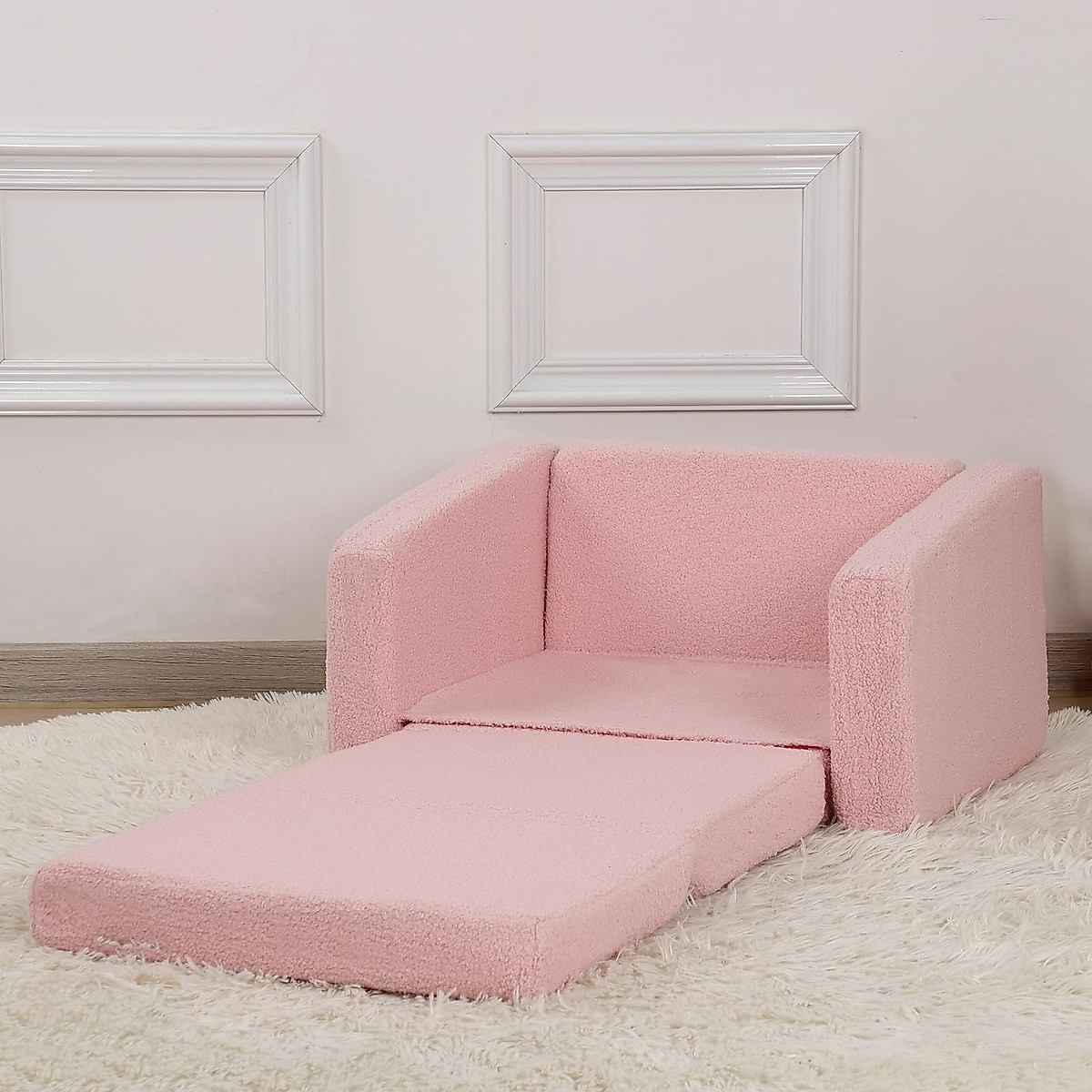 Flip Out Foam Kid Sofa Chair,2 in 1 Convertible Sofa to Lounger for Childrens up to 3 Years,Sherpa Flip Open Toddler Sofa Couch for Kid Play， for Baby Gifts (22.04" W) (Pink)