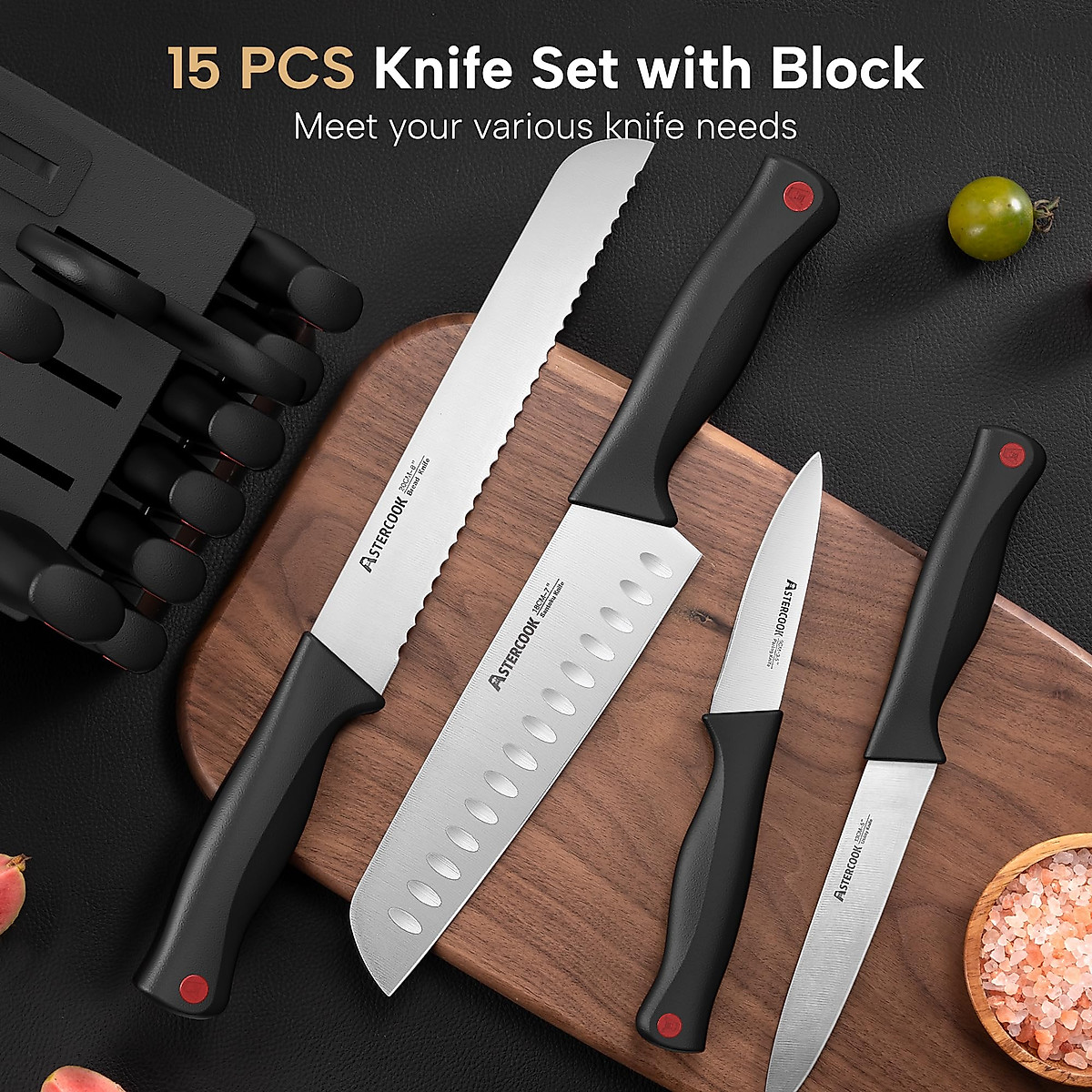 Astercook Knife Set with Built-in Sharpener Block, Dishwasher Safe Kitchen Knife Set with Block, 14 Pcs High Carbon Stainless Steel Block Knife Set with Self Sharpening and 6 Steak Knives, Black