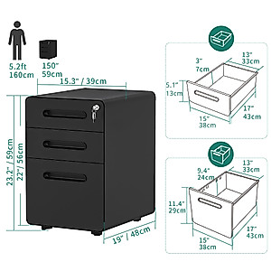YITAHOME 3-Drawer Rolling File Cabinet, Metal Mobile File Cabinet with Lock, Filing Cabinet Under Desk fits Legal/Letter/A4 Size for Home/Office, Fully Assembled-Black