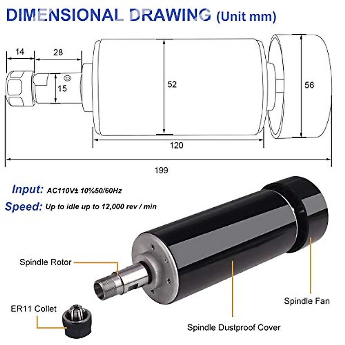 CNC Spindle, MYSWEETY 500W Air Cooled 0.5kw Milling Motor and Spindle Speed Power Converter and 52mm Clamp and 13pcs ER11 Collet for DIY Engraving