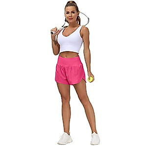 THE GYM PEOPLE Womens High Waisted Running Shorts Quick Dry Athletic Workout Shorts with Mesh Liner Zipper Pockets (Bright Pink, Small)