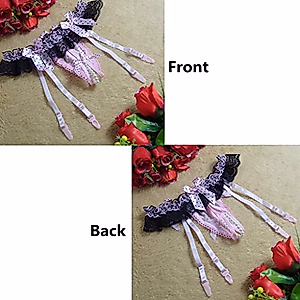 Sexy Floral Lace Garter Belt with Stockings Set Low Waist Hosiery Thong Open Design Underwear 3 Pieces Women Lingerie Set (Pink)