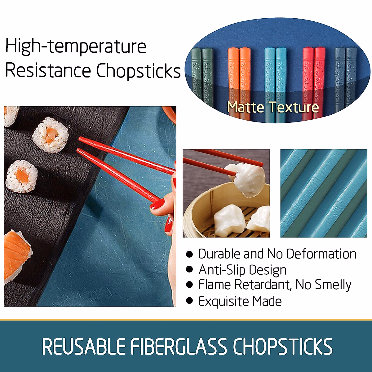 Fiberglass Chopsticks Reusable Chopsticks Dishwasher Safe 5 Pairs 9.4 Inches/24cm Matte Non-Slip Home Hotel Restaurant Dining Tools, Japanese Chop Sticks Gift Sets, Solid Colors