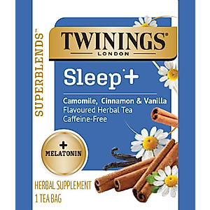 Twinings Superblends Sleep + Melatonin, Camomile, Cinnamon & Vanilla Flavoured Herbal Tea, Caffeine-Free 16 Count (Pack of 6)