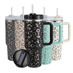PIMDIR Black 40oz Leopard Tumbler With Handle Straw Lid, Insulated Stainless Steel Travel Cup iced Coffee Mug Keep Cold, Birthday Gifts For Women Men Lovers, Car Cup Holder Friendly