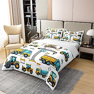 Erosebridal Kids Construction 100% Cotton Twin Bedding Sets for Boys,Excavator Trucks Comforter Cover Cartoon Tractor Car Vehicle Toddler Bed Set Yellow Blue (1 Duvet Cover and 1 Pillow Case)