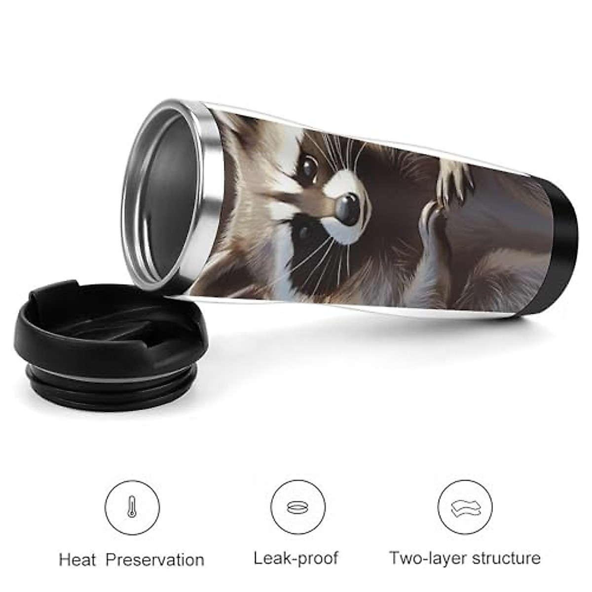 RTFGHJS 13oz Vacuum Insulated Stainless Steel Tumbler with Leakproof Lid Cute Raccoon 304 Stainless Steel Travel Mug Wide Mouth Coffee Cup for Hot & Cold Drinks (380ml)