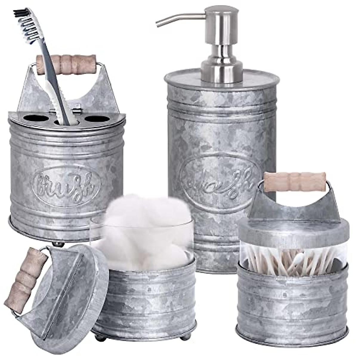 Autumn Alley Rustic Bathroom Accessories Set 4 - Galvanized Farmhouse Soap Dispenser, Rustic Toothbrush Holder, 2 Apothecary Jars Qtip Holder - Rustic Bathroom Decor – Farmhouse Bathroom Accessories