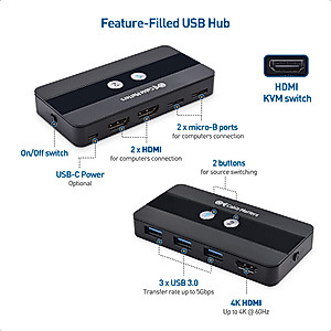 Cable Matters USB 3.0 KVM Switch HDMI 4K@60Hz for 2 Computers, HDMI KVM Switch 2 Port, KVM Switches (KVM HDMI Switch) with 4K 60 Hz HDMI Video & 3X 5Gbps USB Ports - RF Remote Control Switch