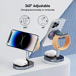 3 in 1 Wireless Charging Station for Apple Devices, 15W Wireless Charger Stand Fast Charging with 20W Adapter for iPhone 15 14 13 12 Pro Max/Plus/Pro/Mini,iWatch Ultra 1,2 Series 9, AirPod (Black)