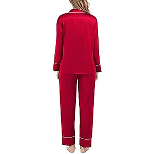 SWOMOG Womens Satin Pajamas Long Sleeve Sleepwear Silk Soft Button Down Loungewear Pjs Set S-XXL Reda Medium