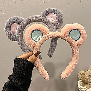 BYBYCD Plush Bear Ear Headband Hair Hoop Head Wrap Wash Face Non Slip Hairbands For Girls Women(white&pink)