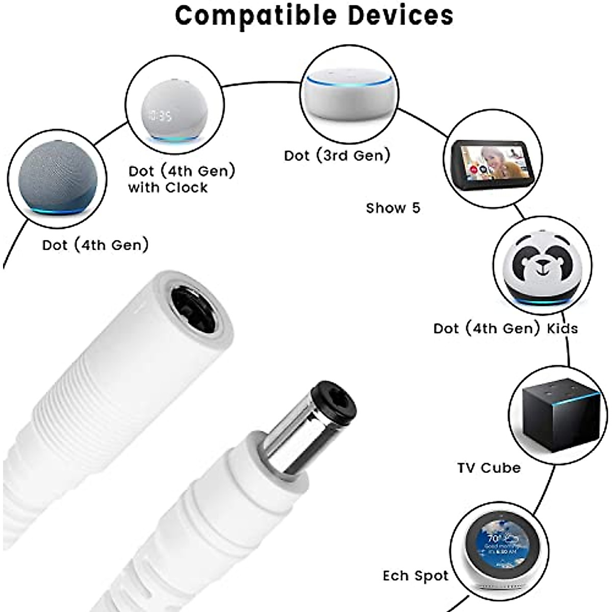 Power Extension Cord Replacement for Alexa Dot 3rd Generation, Dot 4th gen, Show 5, Dot with Clock, TV Cube, Spot - White DC Plug Extension Cable 16 ft