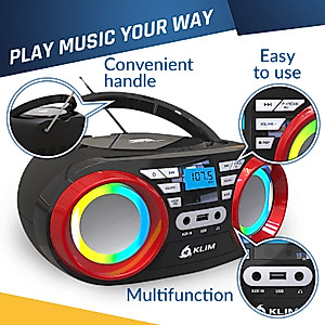 KLIM B3 CD Boombox Portable Audio CD Player, FM Radio, Rechargeable Battery, Bluetooth, MP3 and AUX. Equipped with Super Bass Neodymium Speakers, Upgraded CD Laser Lens - New - Red