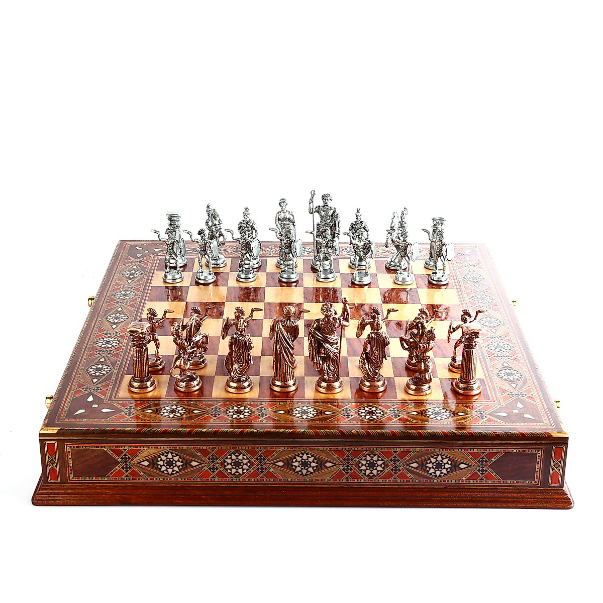 Metal Chess Set for Adult Historical Antique Copper Rome Figures Handmade Pieces and Natural Solid Wooden Chess Board with Original Pearl Around Board and Storage Inside King 4 inc
