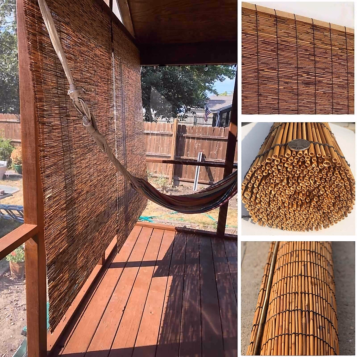 Patio Shades Roll Up Outdoor, Bamboo Blinds for Outdoor Patio, Thernal Insulated Shading Reed Blinds, Blackout Bamboo Shade, Privacy Screen, Cordless, 24″ 30″ 34″ 36″ 39″ 43″ 48″ 51″ 55″ 70″ Width