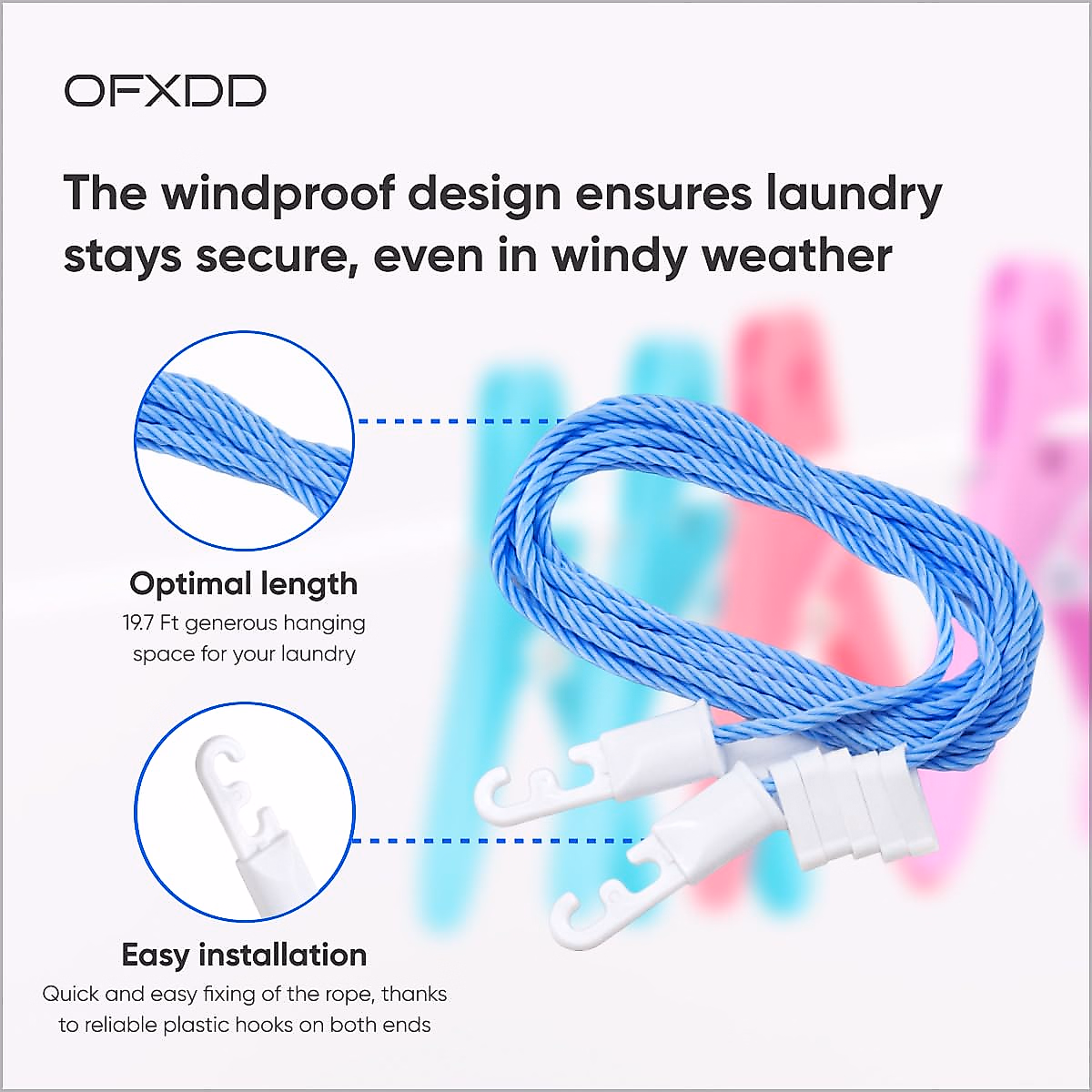 Clothes Line 19.7 Ft - Indoors & Outdoors Clothesline - Portable Laundry Line for Hanging Clothes - Windproof Rope with Hooks