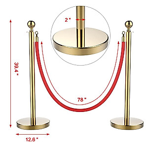 Yaheetech 2pcs Stainless Steel Stanchion Posts - 6.6FT Extended Red Velvet Rope Retractable Barriers Ropes Safety Barriers Set with Stable Base for Party Supplies Theater Hotels Clubs Museums, Gold