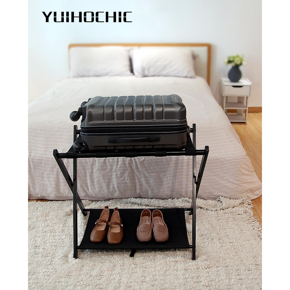 Yuihochic Luggage Rack, Pack of 2, Suitcase Stand with Fabric Storage Shelf ,for Guest Room,Bedroom,Hotel, Foldable Painted Steel Frame (Package Quantity 2)