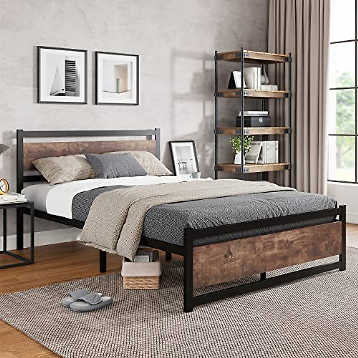 LOTCAIN King Size Bed Frame with Wooden Headboard, Heavy Duty Platform Metal Bed Frame, No Box Spring Needed, Strong Metal Slats Support, Noise-Free, Twin XL/Queen/King (King)