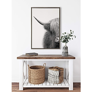 Kate and Laurel Sylvie Hey Dude Highland Cow Crop Linen Textured Framed Canvas Wall Art by The Creative Bunch Studio, 23x33 Gray, Chic Animal Art for Wall