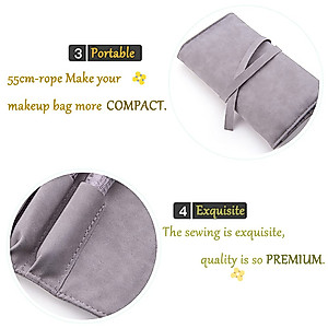 JAMEND CLXP 14 Pockets Makeup Brush Travel Rolling Case Gray Waterproof Cosmetic Travel Bag Brushes Pouch Holder, Premium Leather Brush Organizer with Belt Strap for Women Girls, NO BRUSHES.