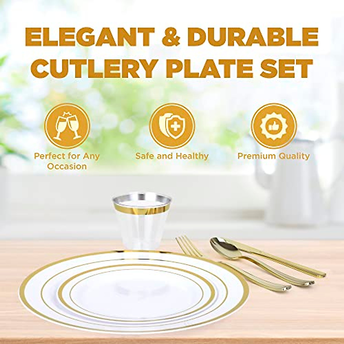 600 Piece Wedding Party Plates Disposable Dinnerware Set 100 Guests -By Zulzzy -100 Gold Plastic Plates, 100 Gold Salad Plates, 100 Gold Plastic Silverware Set, 100 Gold Plastic Cups
