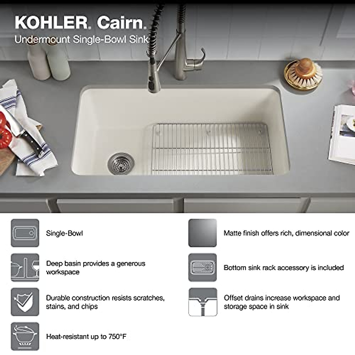 KOHLER K-8223-CM7 Cairn 15-1/2" Undermount Single-Bowl Bar Sink, Neoroc Composite Bar Kitchen Sink with Sink Rack, Matte Graphite