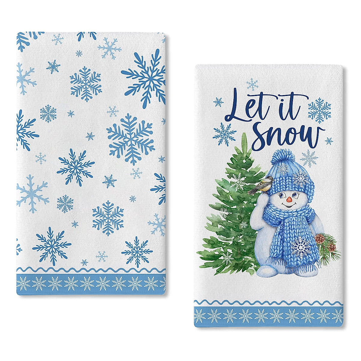 Seliem Winter Let it Snow Snowman Kitchen Dish Towel Set of 2, Blue Snowflakes Chickadee Hand Drying Baking Cooking Cloth, Christmas Tree Pine Cones Holiday Decor Home Decorations 18 x 26 Inch