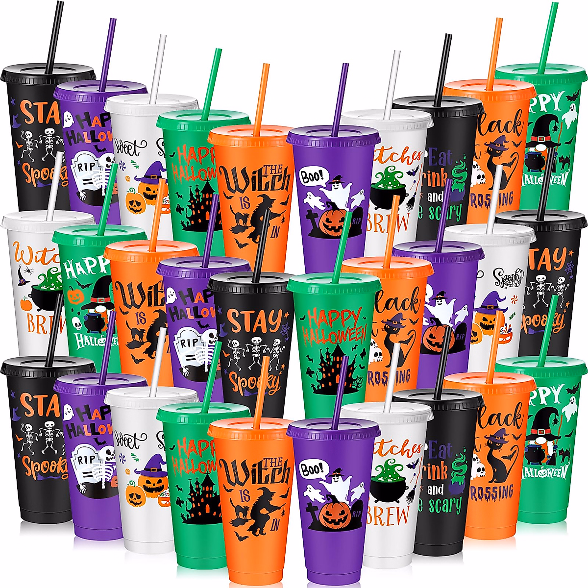 Chuangdi 30 Pack Halloween Plastic Tumbler with Lids and Straws 24 Oz Reusable Halloween Plastic Cups Spooky Halloween Party Cups Bulk for Kids Adults Halloween Party Birthday Supplies(Pumpkin)