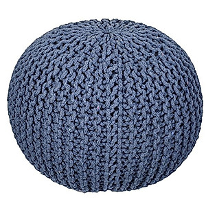 RAJRANG BRINGING RAJASTHAN TO YOU Cotton Stuffed Pouf Hand Knitted Braided Cotton Cord Round Ottoman Bedroom Decorative Seating Blue 20 x 14 Inch