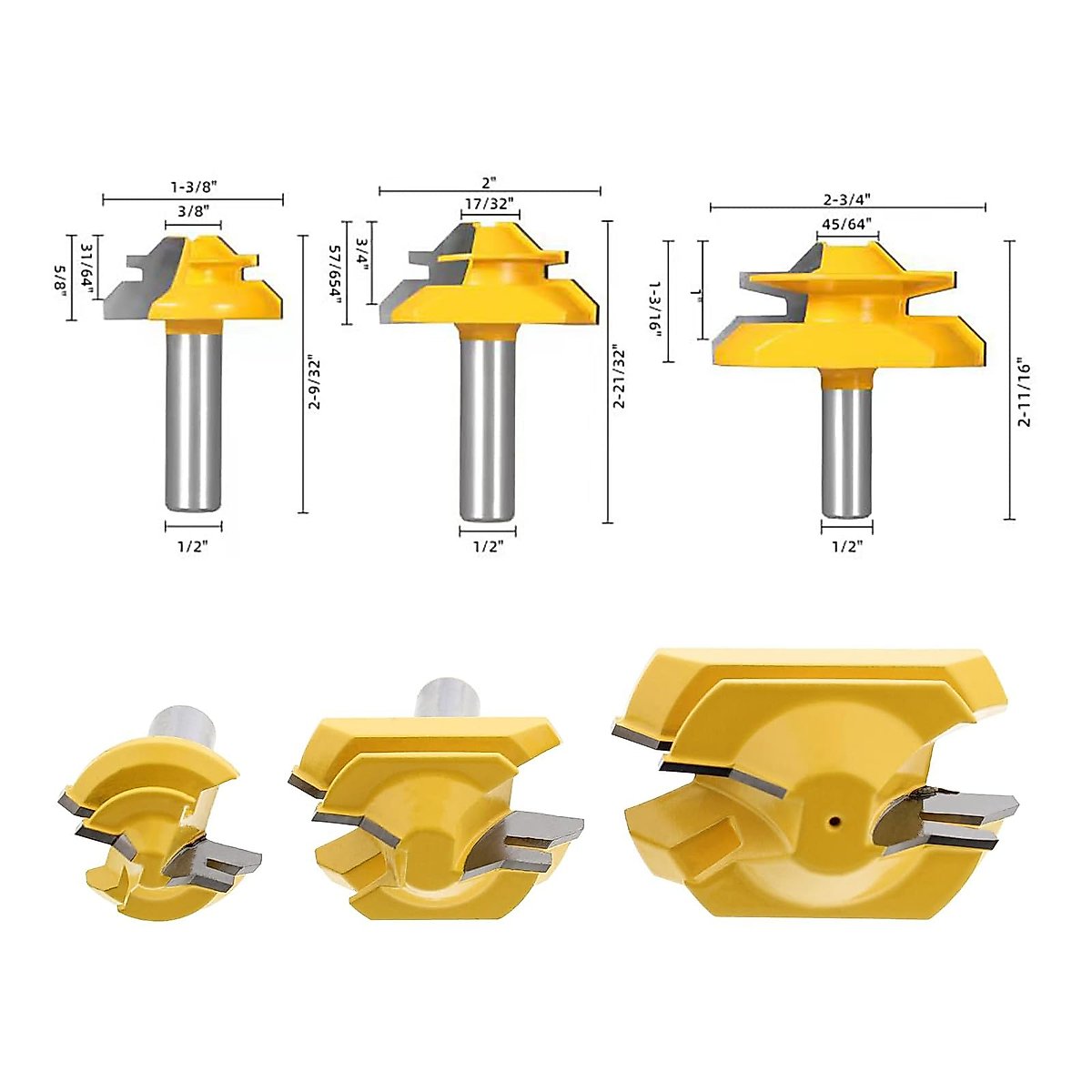 Ozmatip 45 Degree Lock Miter Router Bit 3-Piece Set, for 31/64", 3/4"，1"，Cutting Height, 1/2 Inch Shank.Woodworking Tools Joint Router Bits