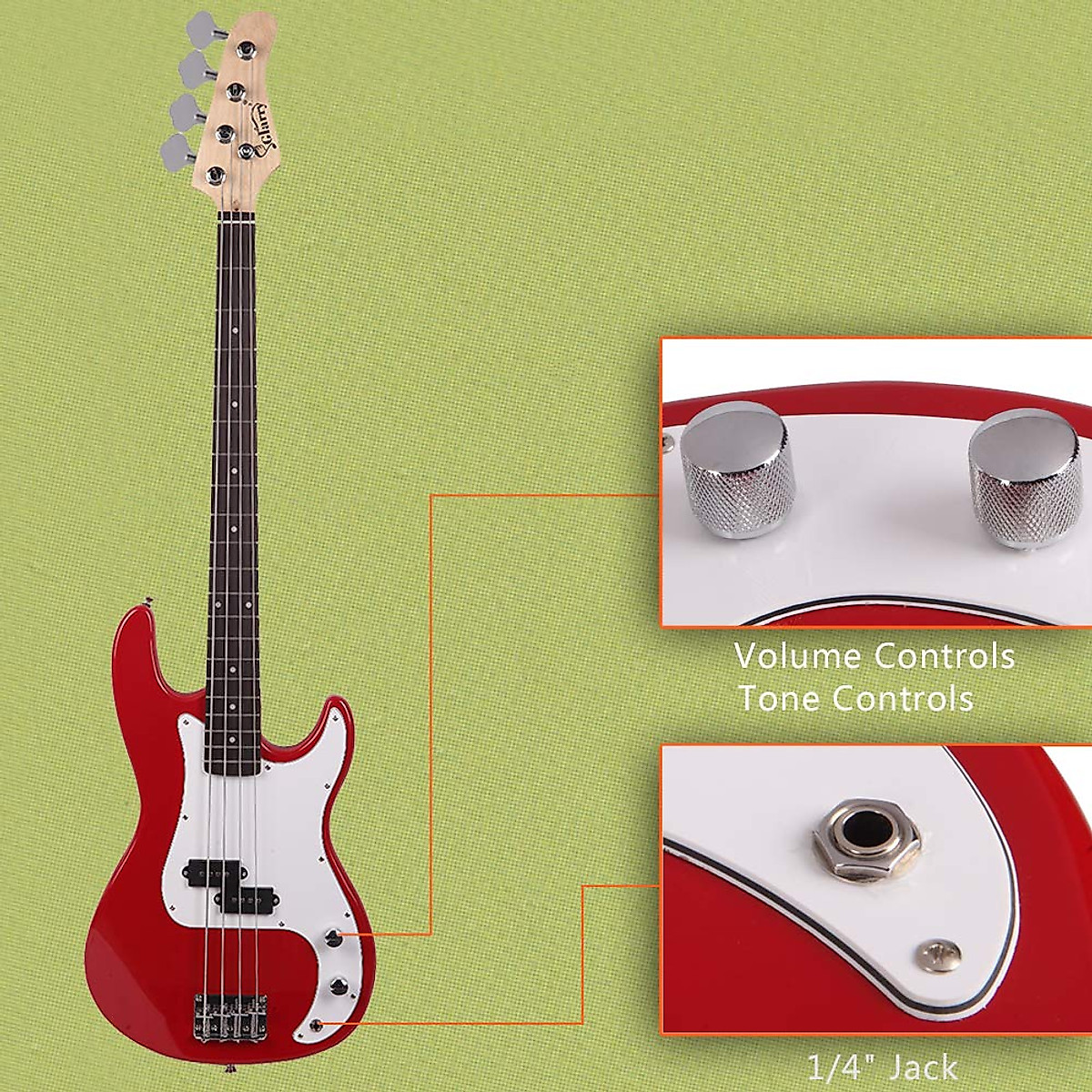 GLARRY Full Size Electric Bass Guitar Beginner Kit 4 String Exquisite Basswood Bass with 20W AMP, Cable, Strap, Bag and Accessories (Red)