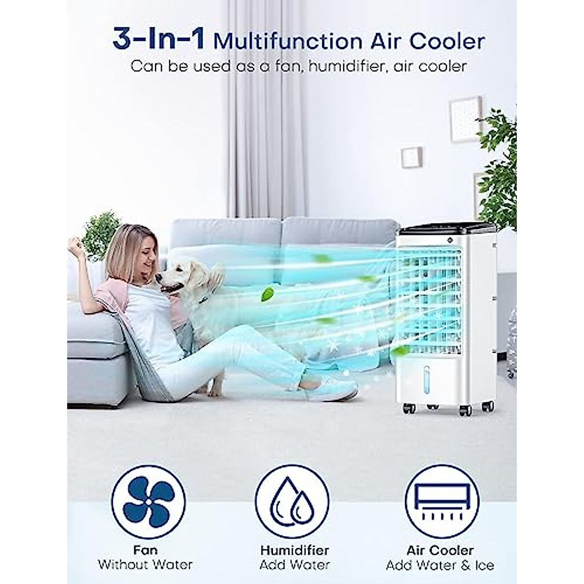 TEMEIKE Portable Air Conditioner, 3-IN-1 Evaporative Air Cooler Windowless, 4 Modes & 3 Speeds Personal Swamp Cooler w/Humidifier, Remote & 12H Timer, Evaporative Cooler for Room Home Office, 22-Inch