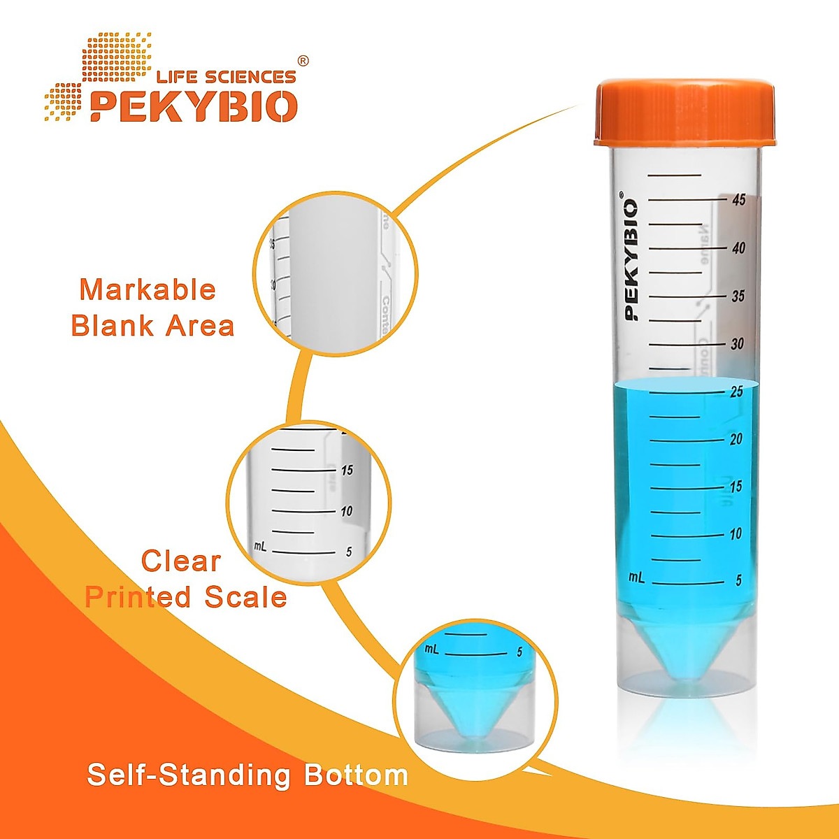 PEKYBIO 50ml Centrifuge Tubes Self-Standing Sterile Plastic Graduated Test Tube with Screw Cap, Pack of 25