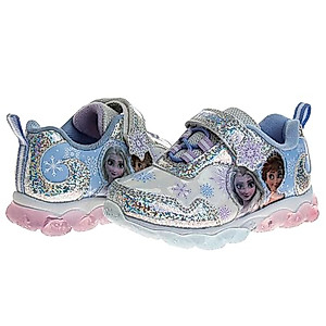 Disney Frozen LED Light up Shoes for Girls - Princess Anna and Elsa Lightweight Breathable Tennis Running Sneakers - Blue/Silver (Size 9 Toddler)