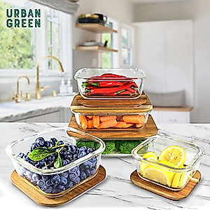 Urban Green Glass Food Container with Wood Lid, Glass food storage Container with Lids, Glass Meal Prep Containers Set, Glass Food Containers set (Wood Lid of 5 Pack)