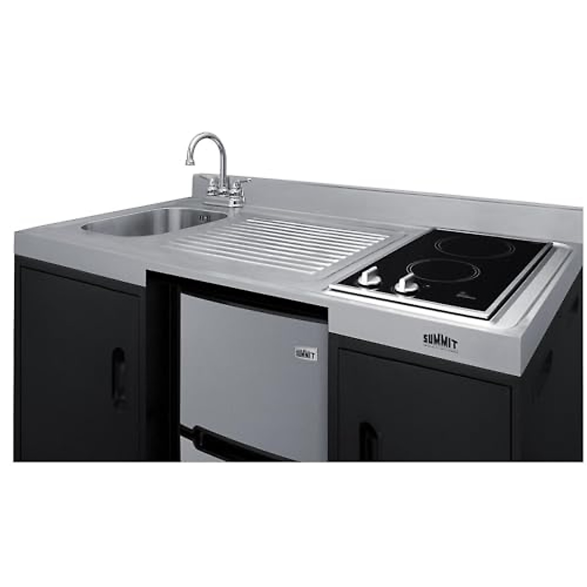 Summit Appliance CK55ADASINKR 54” Wide All-in-One Kitchenette in Black with a 2-Burner 115V Cooktop, 2-Door Refrigerator-Freezer, Sink, and Large Storage Cabinet (SINKR)