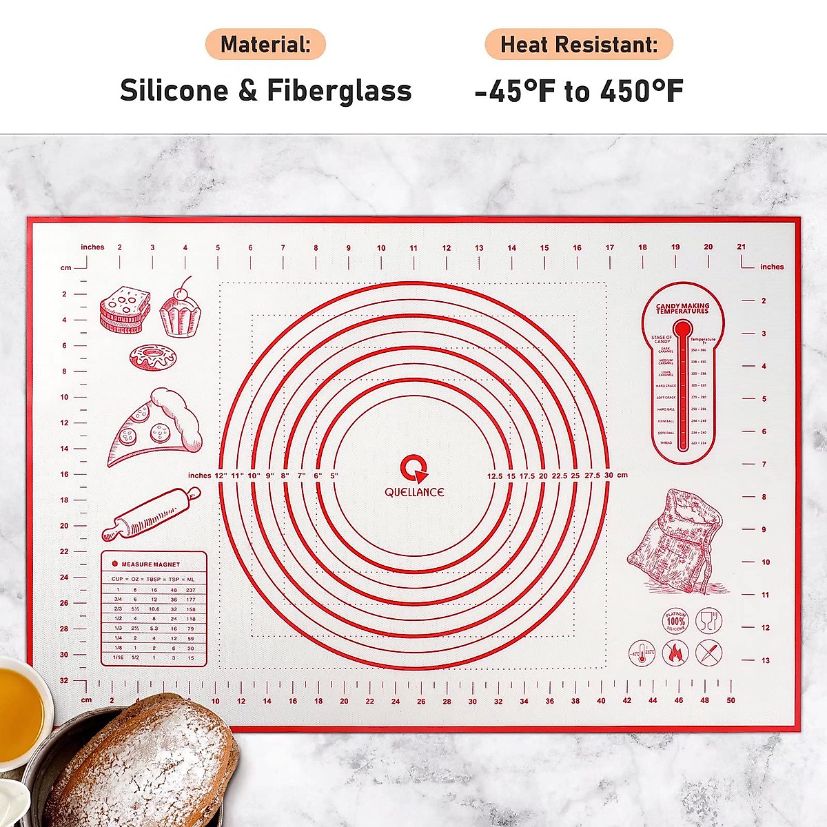 Silicone Pastry Mat for Baking, Baking Mat for Rolling Dough Non Slip Extra Large, Fondant Mat with Measurement, Kitchen Counter Mat for Pie Crust, Pizza and Cookies, Oven Liner Mat,16" x 24", Red