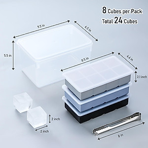 3 Pack Large Ice Cube Trays for Freezer with Lid and Bin, 2 Inch Silicone Big Square Ice Cube Molds Making 24 Cubes for Whiskey, Cocktails, Beverages, Soups, Frozen Treats, BPA Free