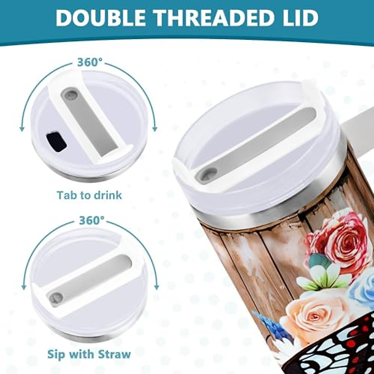 Rustic Butterfly Floral 40 Oz Tumbler with Handle and Straw, Stainless Steel Coffee Mug, Insulated Coffee Cups with Lids