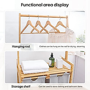 Homde Laundry Basket,Bamboo Laundry Sorter Cart Rolling with Clothes Hanging Rod, 2 Section Laundry Hamper with Wheels, Removable Sliding Bags, Utility Laundry Storage Organizer for Bathroom