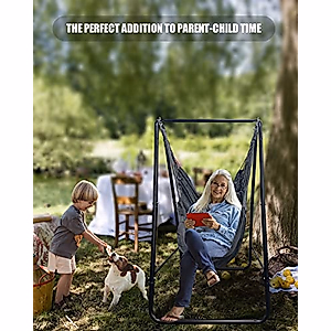 Hammock Chair Stand, Hammock Chair with Stand Including Large Hanging Indoor Swing with 2 Cushions, Hammock Swing Chair with Stand, Max 450 Lbs for Indoor, Outdoor, Patio, Yard (Grey)