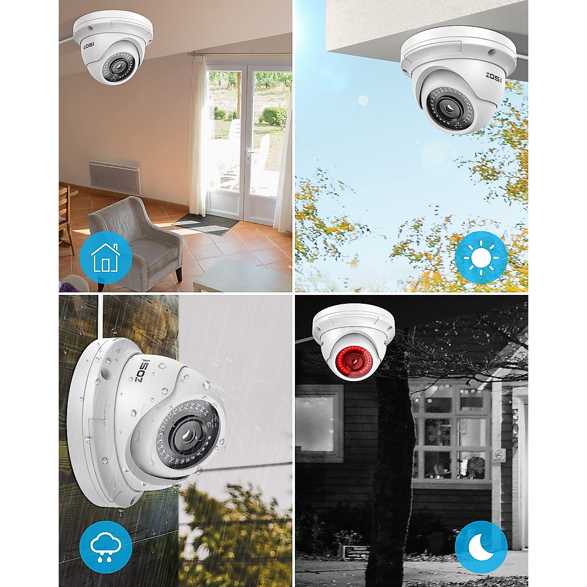 ZOSI 4PK 5MP Add-on POE IP Security Camera with Etherent Cables PoE Dome Camera with Night Vision,IP66 Weatherproof, Compatible with ZOSI 4K/5MP NVR(Model:ZR08EN,ZR08DN,ZR08PN,ZR16DK)