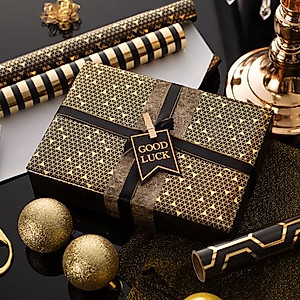 Homeral Wrapping Paper Roll Set-42.5sqft-Gold Foil Stripe, Geometric Patterns on Black Luxury Gift Wrap for Wedding, Bridal Shower, Birthday-17 x 120 inch Per Roll