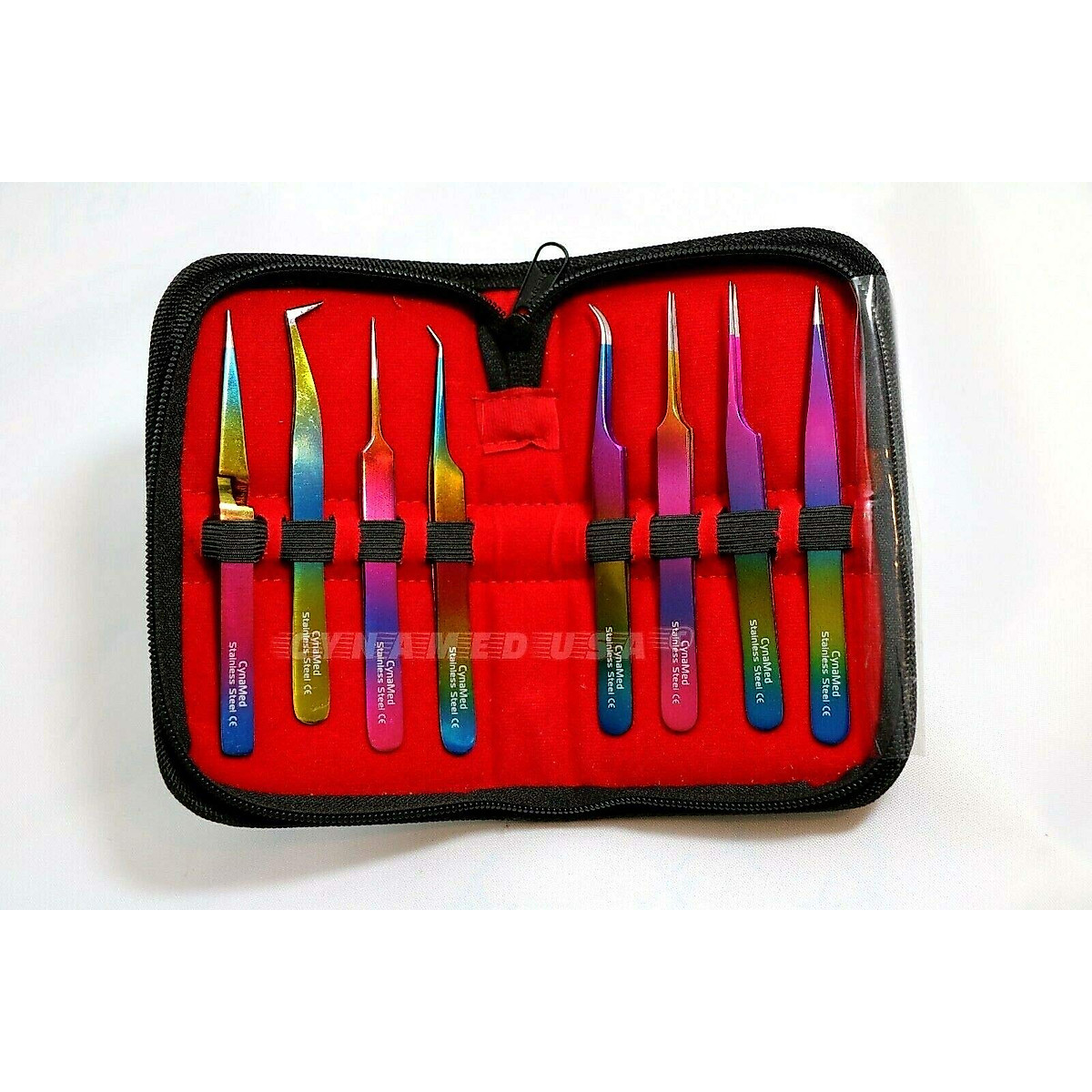 Cynamed -Set of 8 pcs High Precision Multi Rainbow Color German Stainless Steel 3D 5D 6D Volume False Eyelash Extension Tweezers