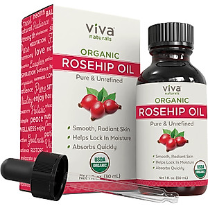 Viva Naturals Organic Rosehip Seed Oil (1 fl oz) - 100% Pure, Cold Pressed Moisturizing Rose hip Oil for Face, Hair, Dry Skin & Nails, Non-GMO