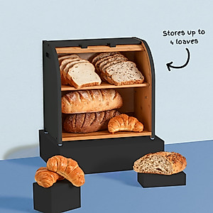 HOMEFULLY Bamboo Double Layer Bread Box for Kitchen Countertop, Roll Top Bread Box Wood, Extra Large Bread Box for Kitchen Storage, Modern Bread Bin Wooden (Black)